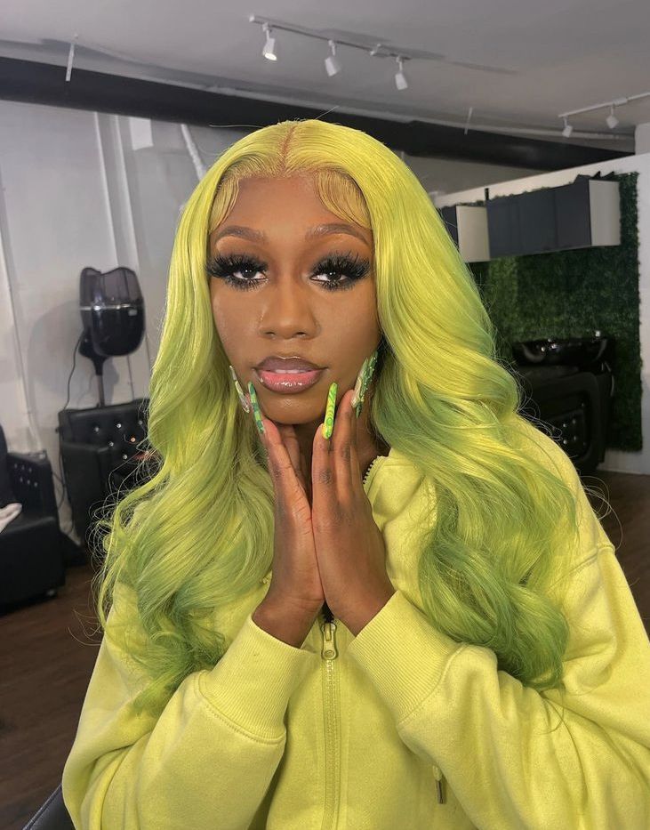 Itimay Green Hair Lace Front Wig Long Straight Wig Natural Hair Heat Resistant Fiber Hair