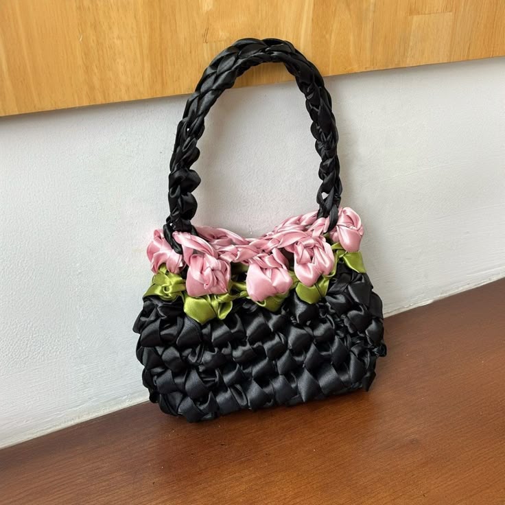 Crochet Satin Ribbon Bag, Flower Ribbon Handbag, Shoulder Bag, Coquette ... Crochet Satin Ribbon Bag, Flower Ribbon Handbag, Shoulder Bag, Coquette ...