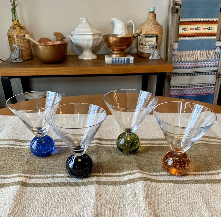 Set Of Four 4 Martini Glasses Bubble Ball Base Heavy Blown Glass Aperitif Liquor Cocktail