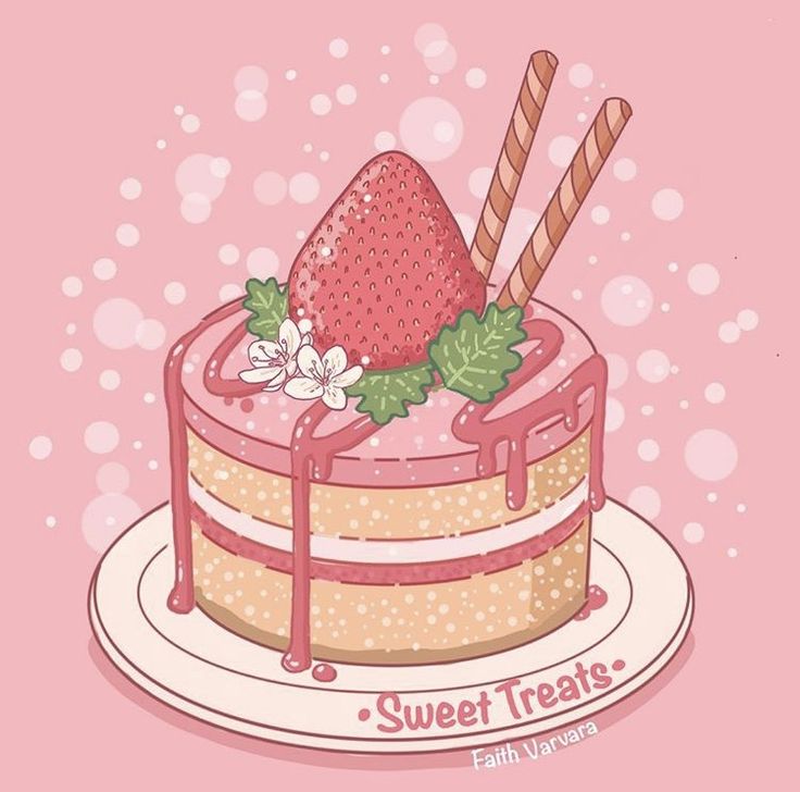 Cute Kawaii Drawing Of A Pink Cake With Strawberries And Candy Sticks