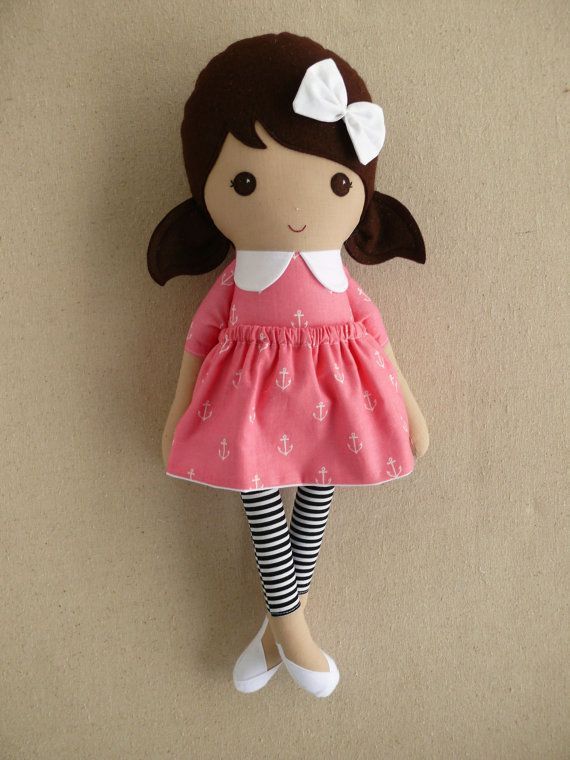 Fabric Doll Rag Doll Brown Haired Girl In Sweet Pink Dress And 49b