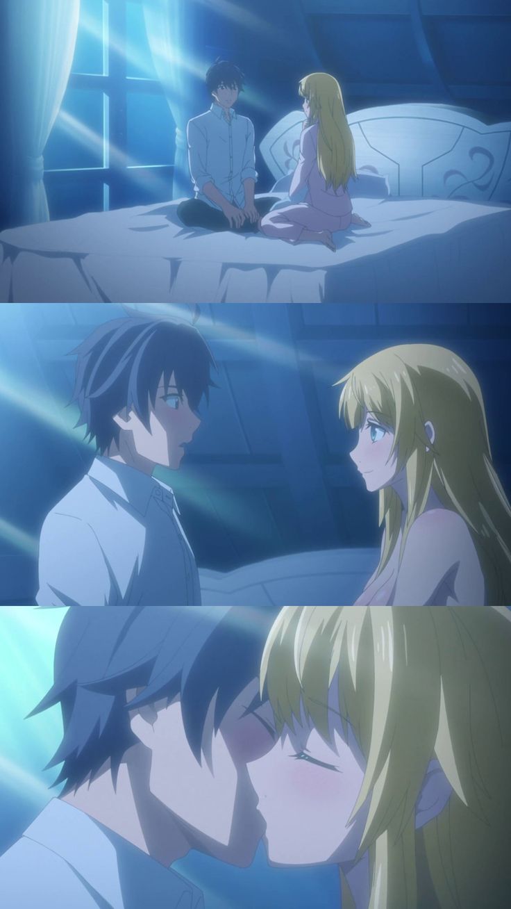 Two Anime Characters Are Sitting In Bed And One Is Staring At The Other Persons Head