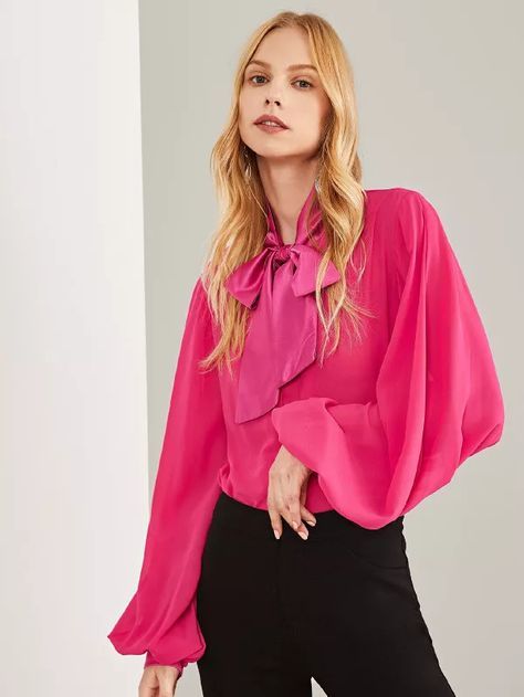 Shein Neon Pink Tie Neck Bishop Sleeve Blouse Bishop Sleeve Blouse