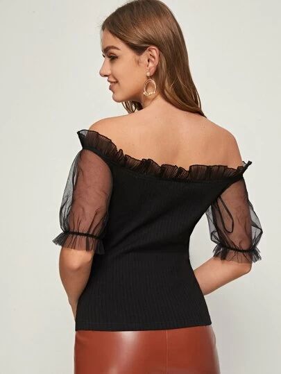 Shein Mesh Panel Frill Trim Rib Knit Off Shoulder Top