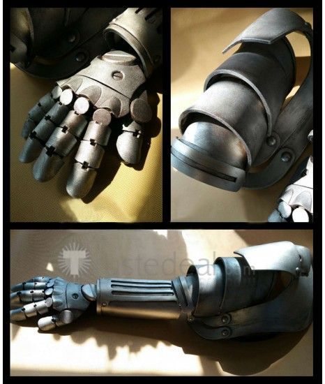 Four Different Views Of An Iron Man Glove And Hand Made Out Of Metal Parts