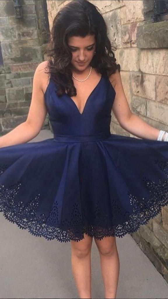 A Line V Neck Satin Navy Blue Short Homecoming Dresses With Lace Okz95