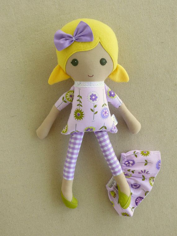 Fabric Doll Rag Doll Blond Haired Girl In Lavender Floral Dress