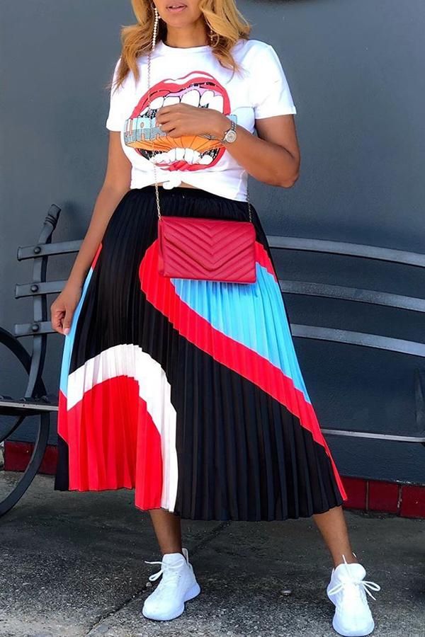 Printed T Shirt And Pleated Skirt Two Piece Suit Printed Pleated Skirt Skirt Set Purple Fashion
