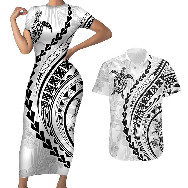 Polynesian Pride Couples Matching Short Sleeve Bodycon Dress And Hawaiian Shirt Turtle Hibiscus
