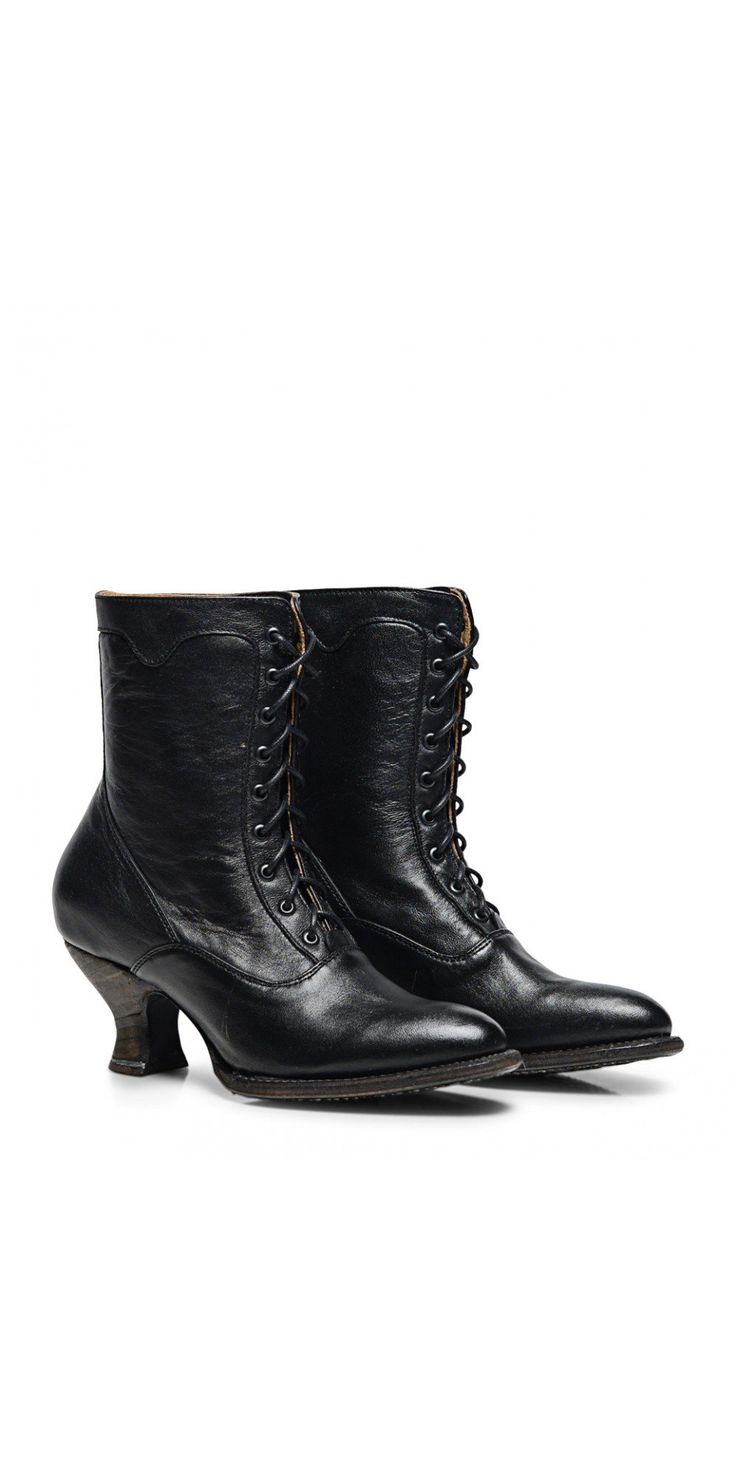 Victorian Style Leather Ankle Boots In Black Rustic Leather Ankle