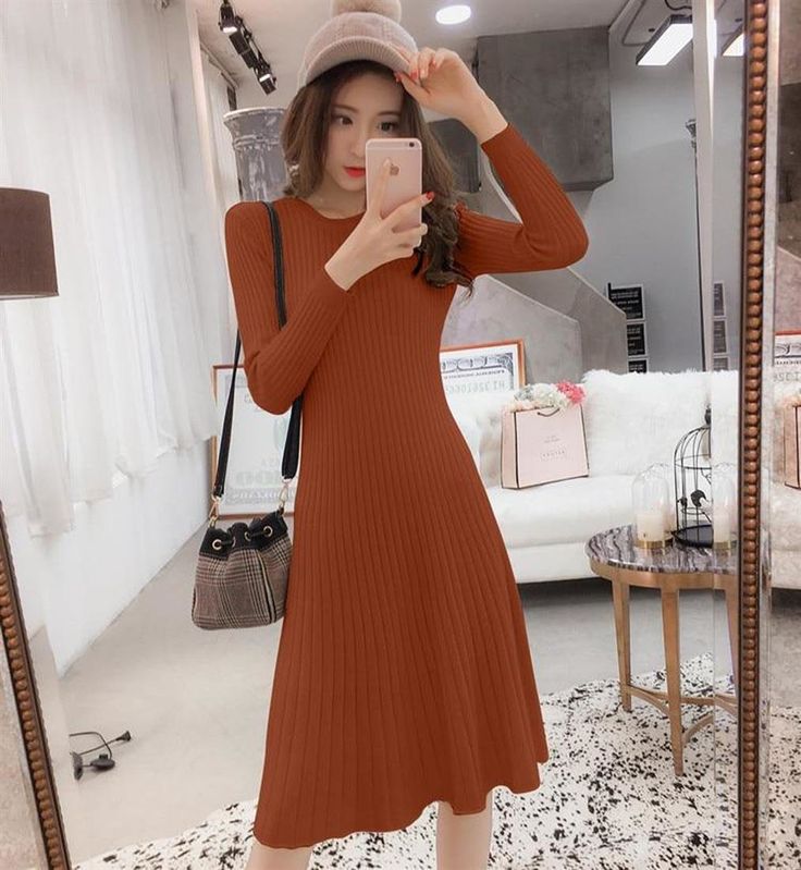 Womens Sweater Dress Knitted Slim O Neck Long Sleeve Warm For Winter