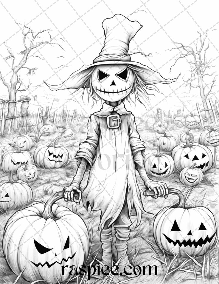 50 Halloween Scarecrows Grayscale Coloring Pages Printable For Adults