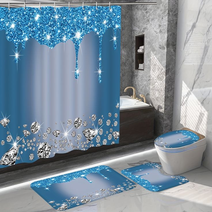 Temu|4pcs Bathroom Shower Curtain Set Sparkling Diamond Pattern