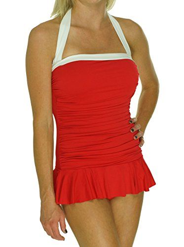 Ralph Lauren Halter Tie Neck Ruched Skirted One Piece Swimsuit Red 10