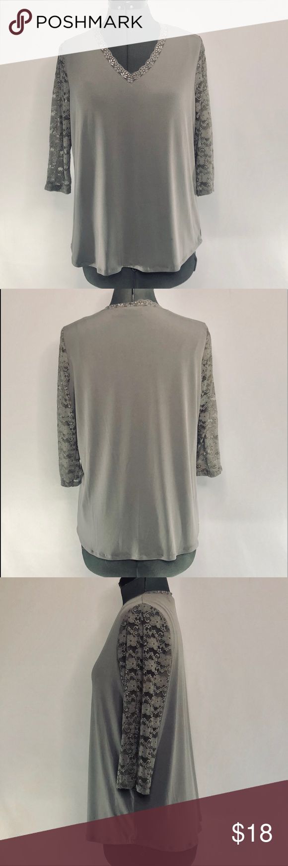 Susan Graver Gray V Neck Lace Sleeve Top Lace Sleeve Top Lace Sleeves Tops