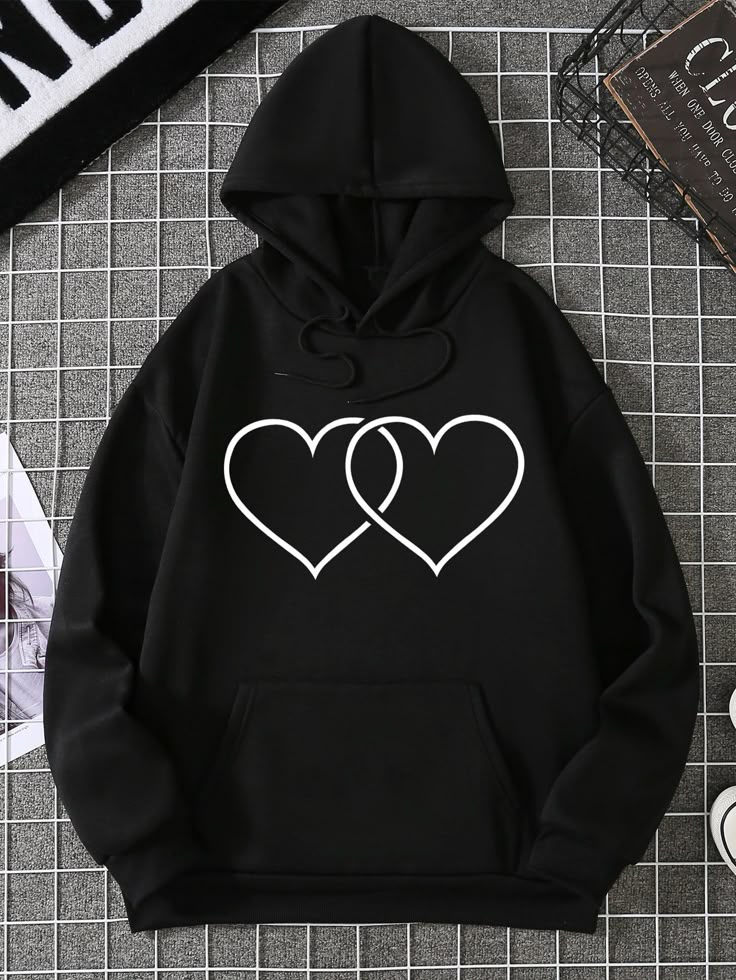 Heart Print Thermal Drawstring Hoodie Comfy Hoodies Hoodie Outfit Casual Shopping List Clothes
