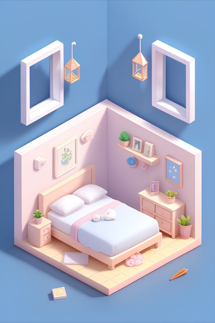 3d Isometric Cute Bedroom In 2024 Modern House Design Pink Bedroom