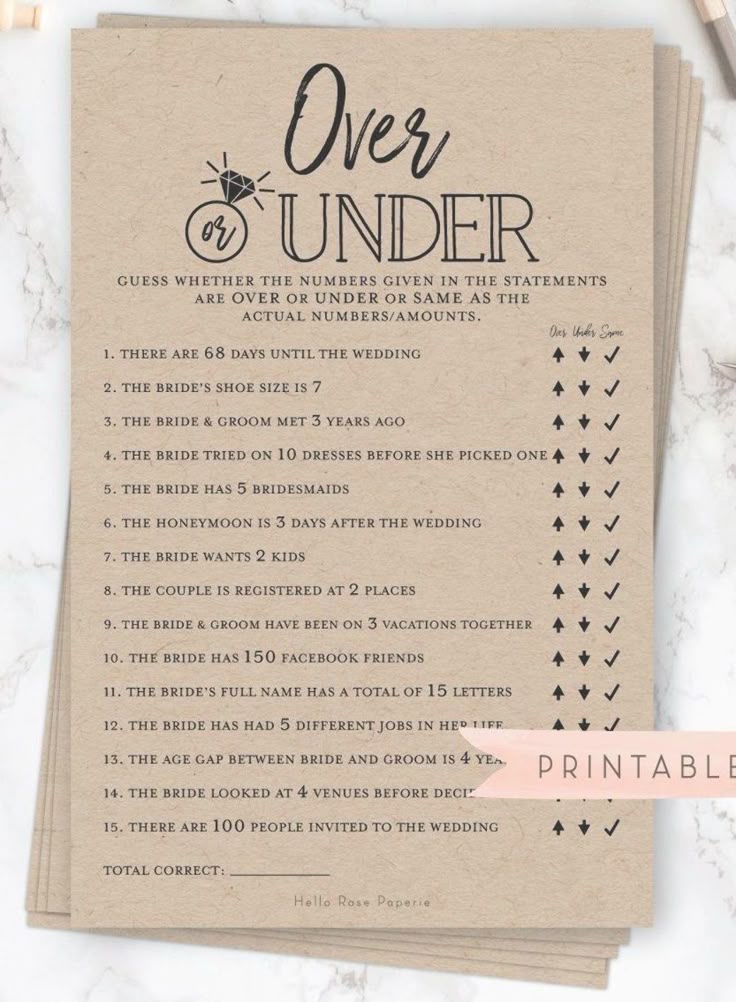 Over Or Under Printable Game Bridal Wedding Couples Shower