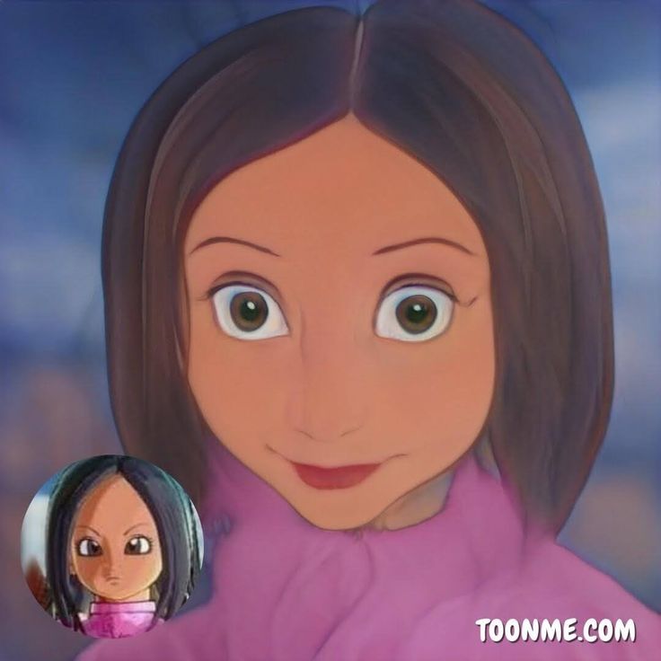An Animated Image Of A Girl With Brown Hair And Big Eyes Holding A Doll In Front Of Her Face