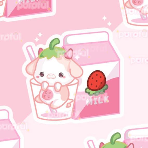 Strawberry Milk Cow Sticker Strawberry Cow Vinyl Sticker Pink Fluffy Cow Sticker And Pin