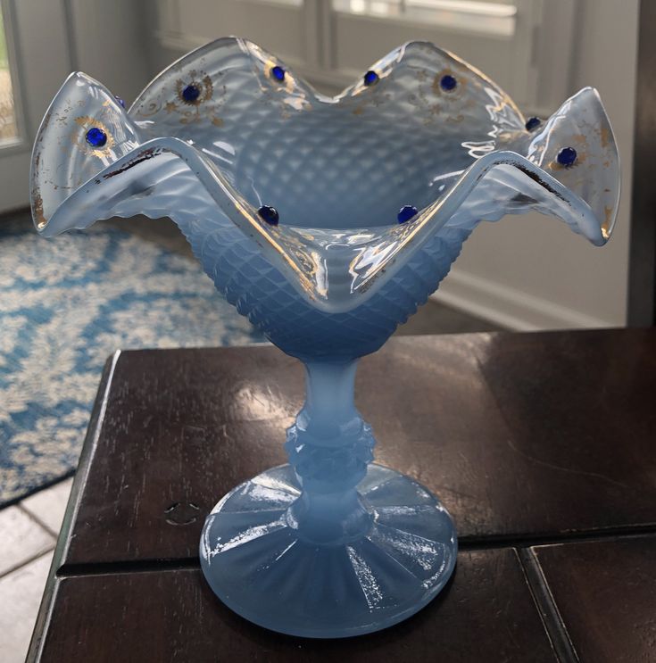 Ivima Portugal 1895 Diamond Point Blue Opaline Glass Compote With Gold And Gemstones Etsy