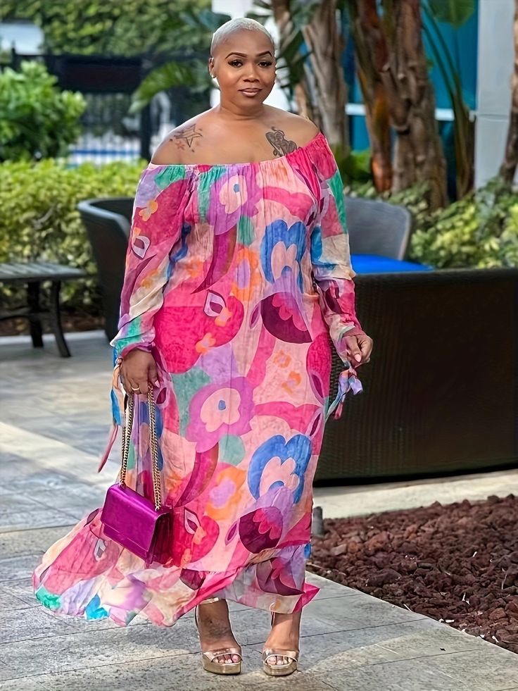 Plus Size Casual Dress Womens Plus Floral Print Long Sleeve Off Shoulder Maxi Dress Vestidos