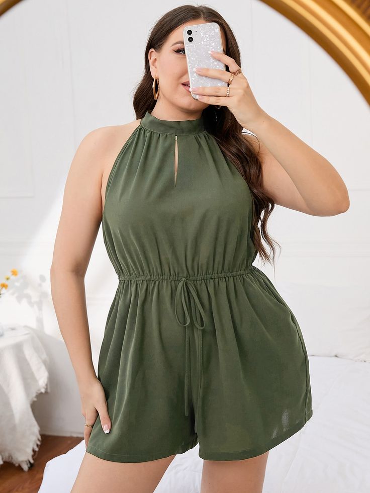 Plus Peekaboo Knot Front Romper Army Green Casual Plus Size Jumpsuit