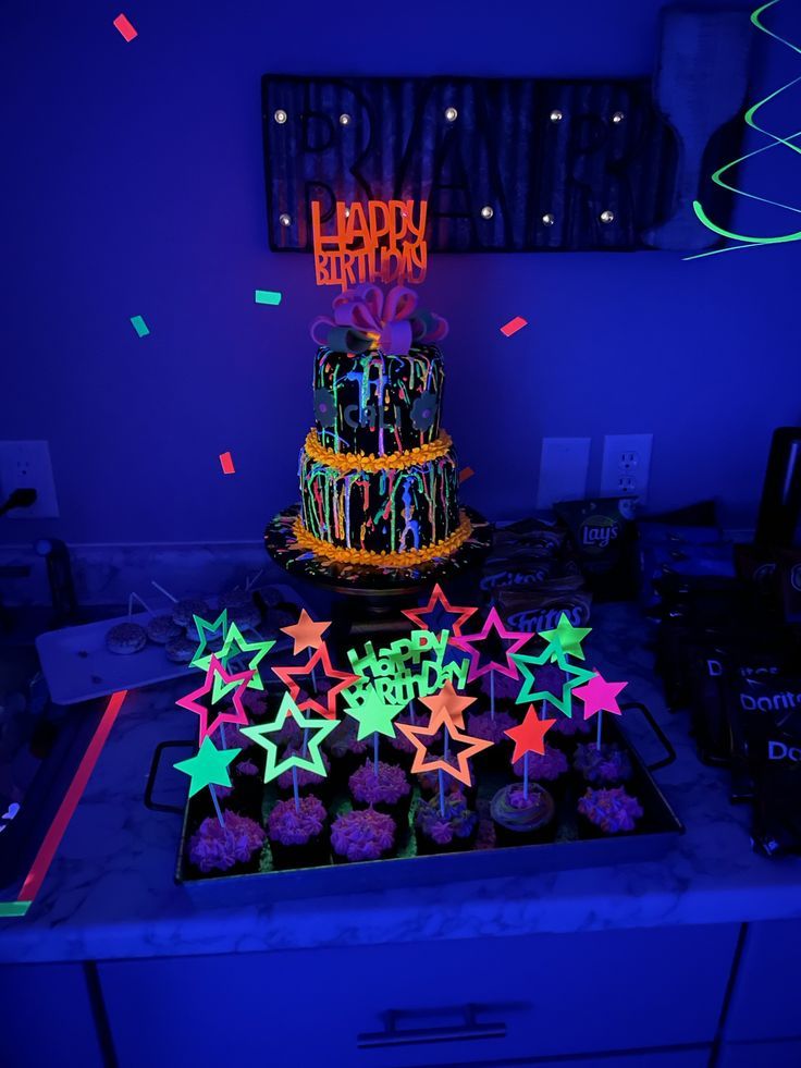 This 2 Tiered Cake Was For A Glowing Up Birthday Party Neon Birthday Party Glow Birthday