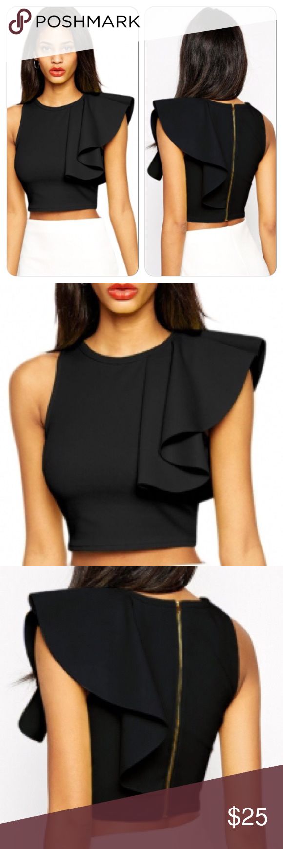 Sexy Ruffle Sleeve One Shoulder Crop Top Stretchy Formfitting Back