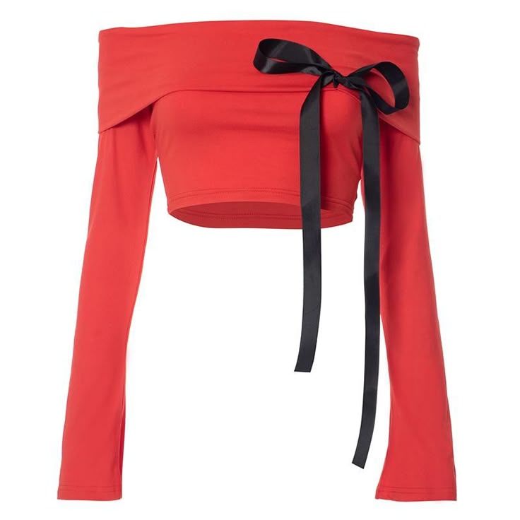 Bowknot Applique Ruched Off Shoulder Long Sleeve Contrast Top Off