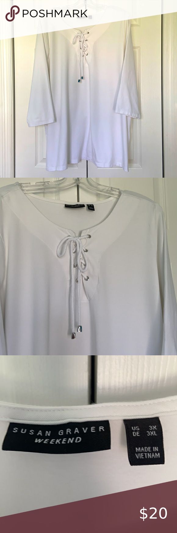 Susan Graver Weekend Size 3x Stretch Cotton Modal Top With Lacing White