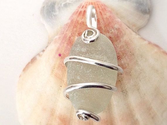 White Beach Glass Pendant English Sea Glass Necklace Wire Wrapped Sterling Silver Metalwork
