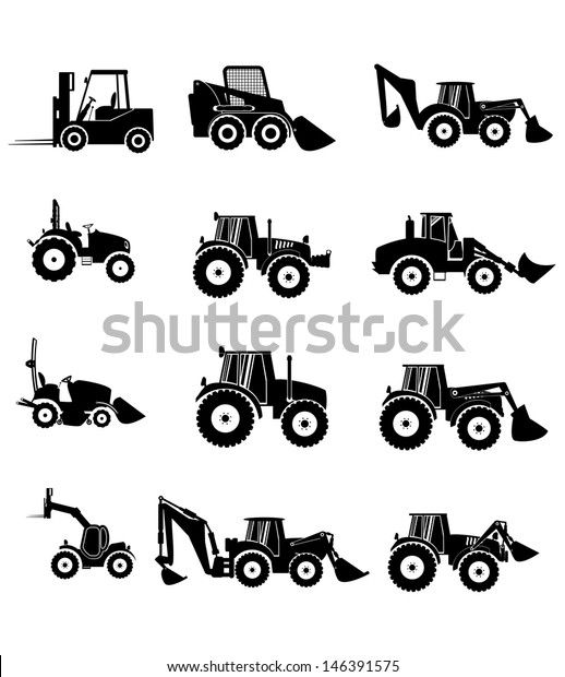 Stock Vektor „vector Collection Tractor Gray Silhouettes Icons Bez Autorských Poplatků