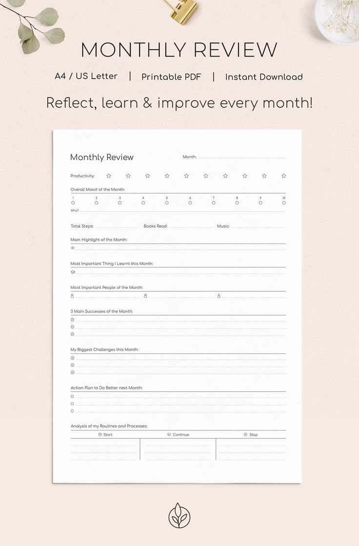 Monthly Review Monthly Reflection Minimal Printable Growth Mindset