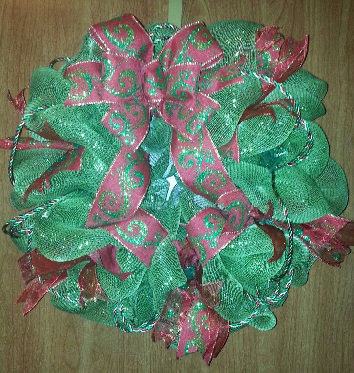 Green Mesh With 3 Different Red Wired Ribbon Accents And Green Gold Red