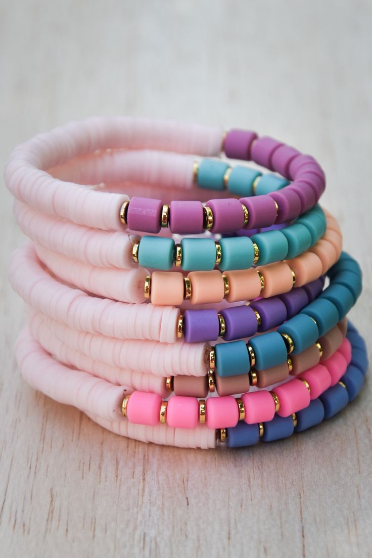 Colorful Clay Barrel and Clay Disc Beaded Stretch Bracelet, Heishi ... Colorful Clay Barrel and Clay Disc Beaded Stretch Bracelet, Heishi ...