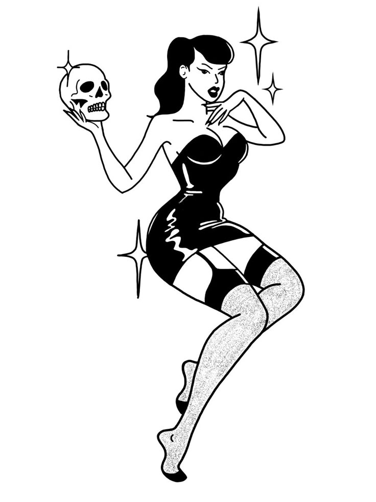 Pinup Black And White Girl Holding A Skull In A Tight Mini Dress With Mesh Thigh High Tights Pin
