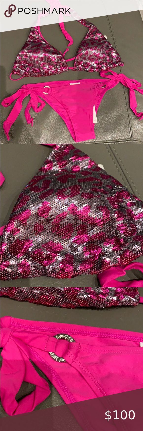 Bahimi Hot Pink Sequin Bikini In 2022 Sequin Bikini Bikinis Pink Sequin