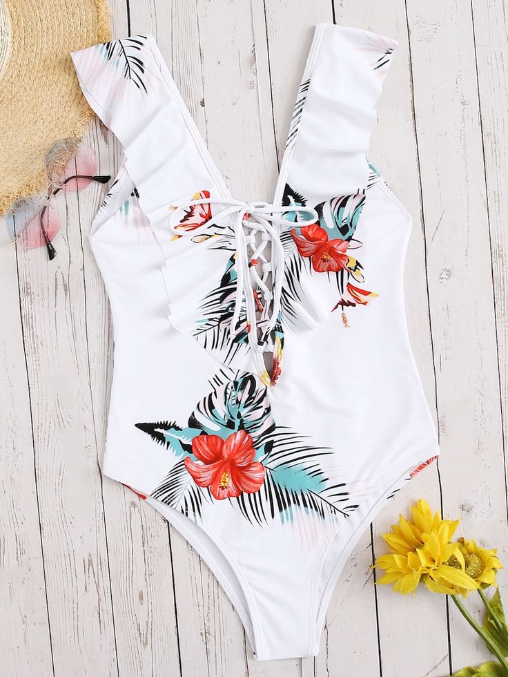 Random Floral Ruffle One Piece Swimwear One Piece Swimwear Swimwear