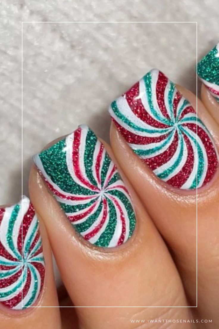 Get Festive With Red And Green Peppermint Swirl Nails Candy Cane Nails Fancy Nails Designs