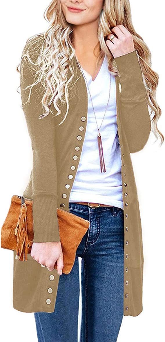 Merokeety Womens Long Sleeve Snap Button Down Solid Color Knit Ribbed