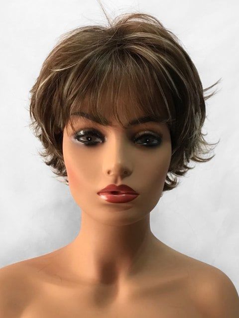 Short Side Bang Layered Colormix Natural Straight Synthetic Wig Short