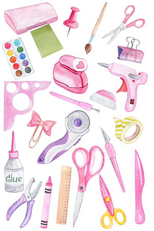 Craft Tools Clipart Watercolor Pink Scrapbook Supplies Etsy In 2021