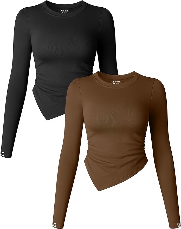 Oqq Womens 2 Piece Long Sleeve Crew Neck Ruched Stretch Fitted Underscrubs Layer Tee Shirts
