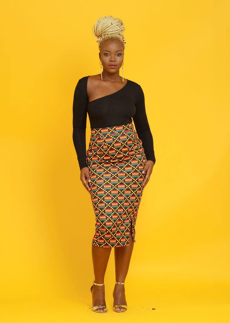 Hasana Stretch African Print Pencil Midi Skirt Yellow Black Etsy