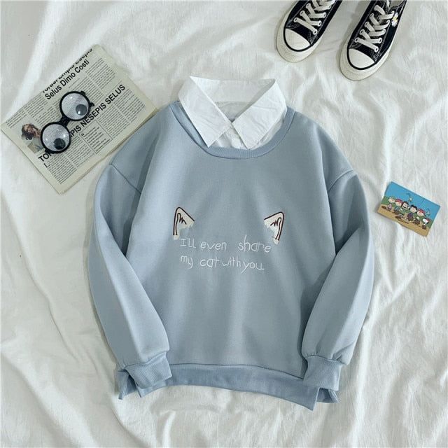 Purpdrank Winter Warm Polo Collar Stitching Sweatshirt Women Fake Two Piece Coat Letter