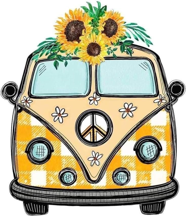 A Drawing Of A Vw Bus With Sunflowers On Top