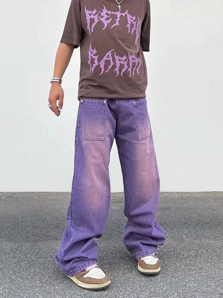 Threebooy Street Made Coordinates Washed Purple Jeans For Men With A Unisex Style Loose Fitting