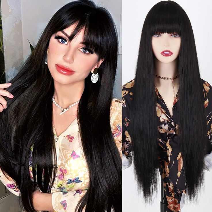 Missqueen Long Black Wigs With Bangs Straight Black Wigs For Women Synthetic 30 Inch Long