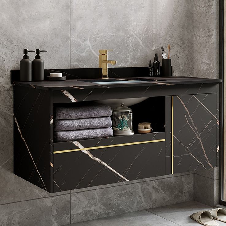 Modern 36 Black Floating Bathroom Vanity Wall Mount Ceramics Single